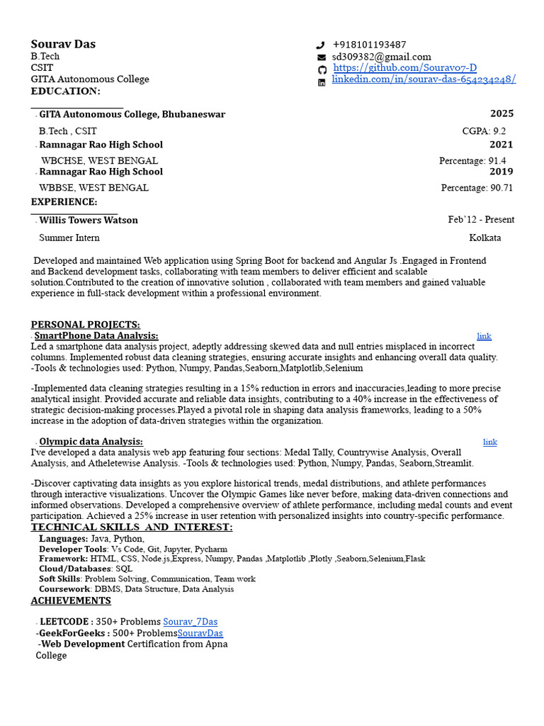 Shaswat Resume (1) - 1 | Download Free PDF | Data Analysis | Databases