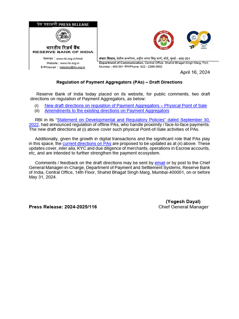 RBI Draft Directions on Payment Aggregators | PDF