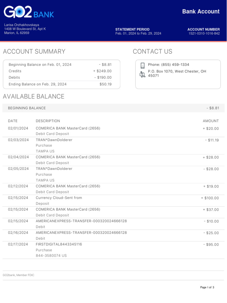 GO2bank Statement February 29, 2024 Larisa | PDF | Debit Card | Deposit ...