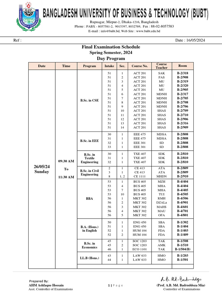 Final Examination Schedule, Spring 2024 (Day Program) | PDF | Academic Degree | Qualifications