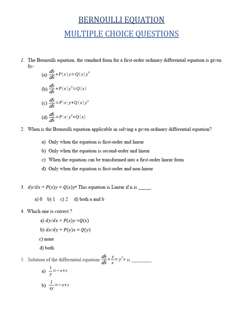 Bernoulli Differential Equation Quiz | PDF | Differential Equations ...
