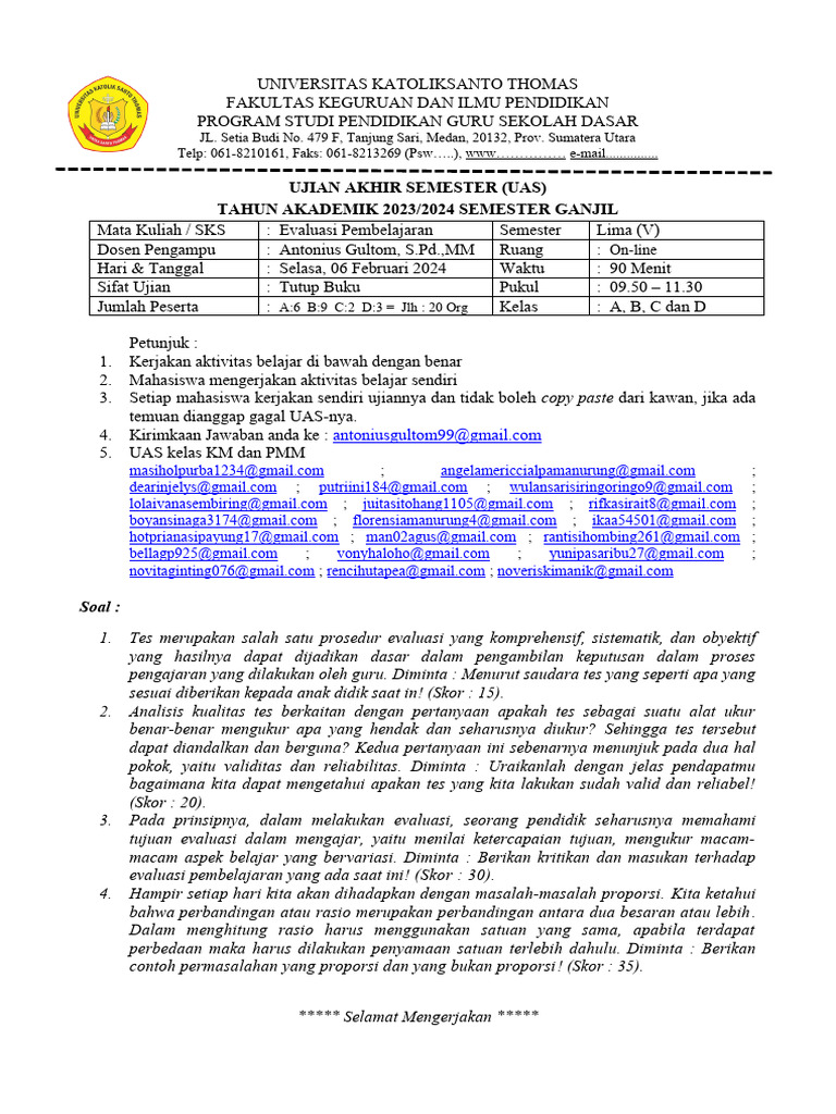 Uas Evaluasi Pembelajaran Untuk KM Dan PMM 2023-2024 | PDF
