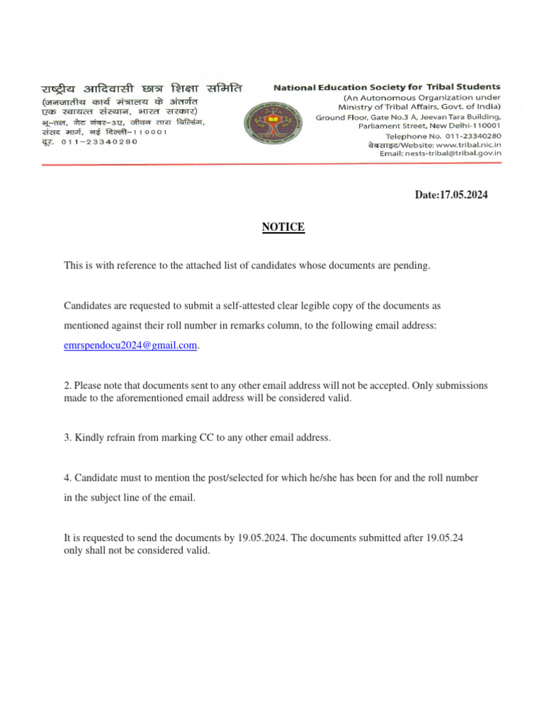 Fifth List of Candidates For Submission of Pending Documents Through E ...
