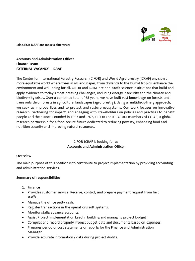 Accounts and Admin Officer Vacancy at CIFOR-ICRAF | PDF | Business