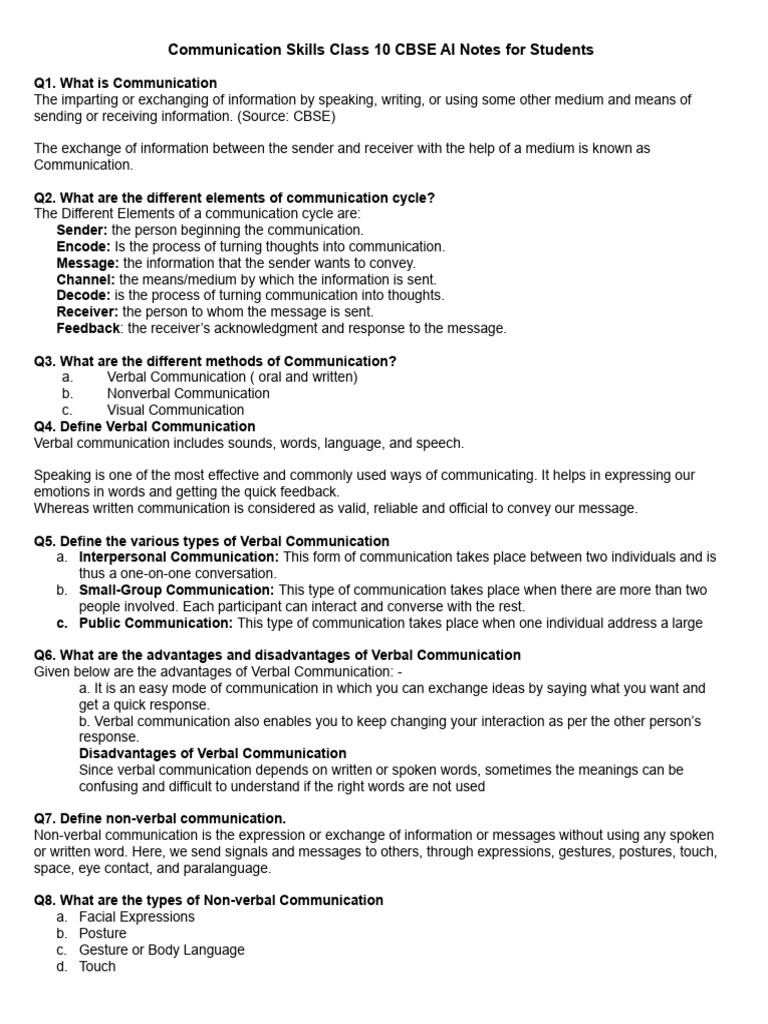 CH 1 - Communication Skills Class 10 Student Notes | Download Free PDF ... CH 1 - Communication Skills Class 10 Student Notes | Download Free PDF ...