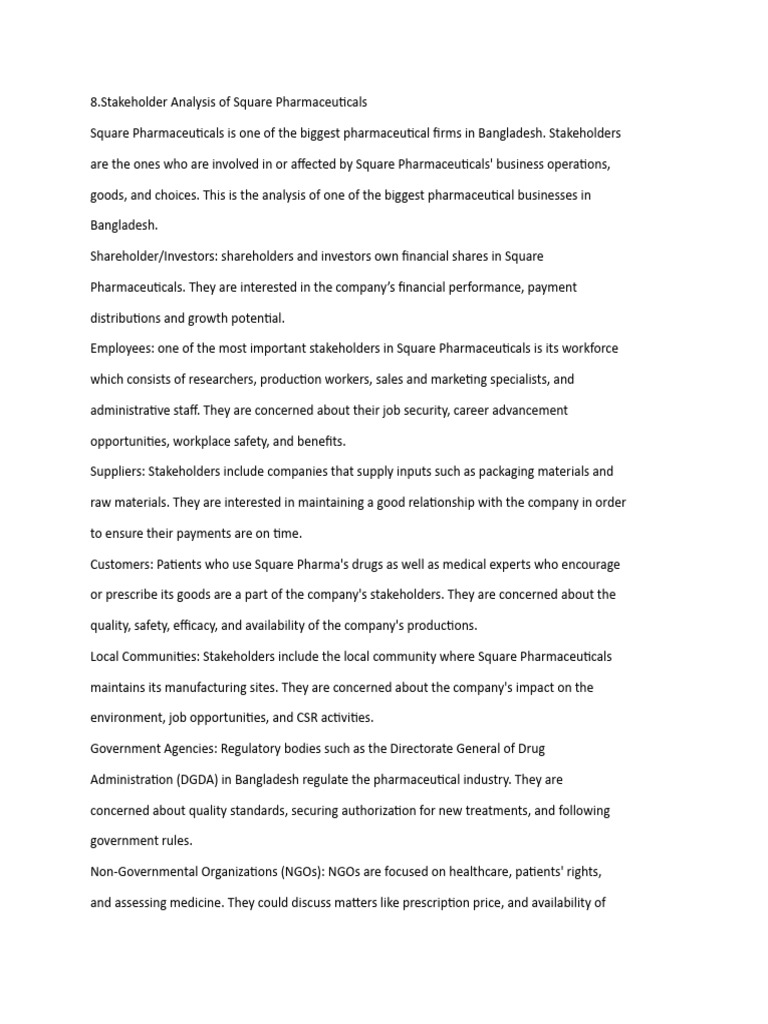 Stakeholder Analysis Square Pharma | PDF