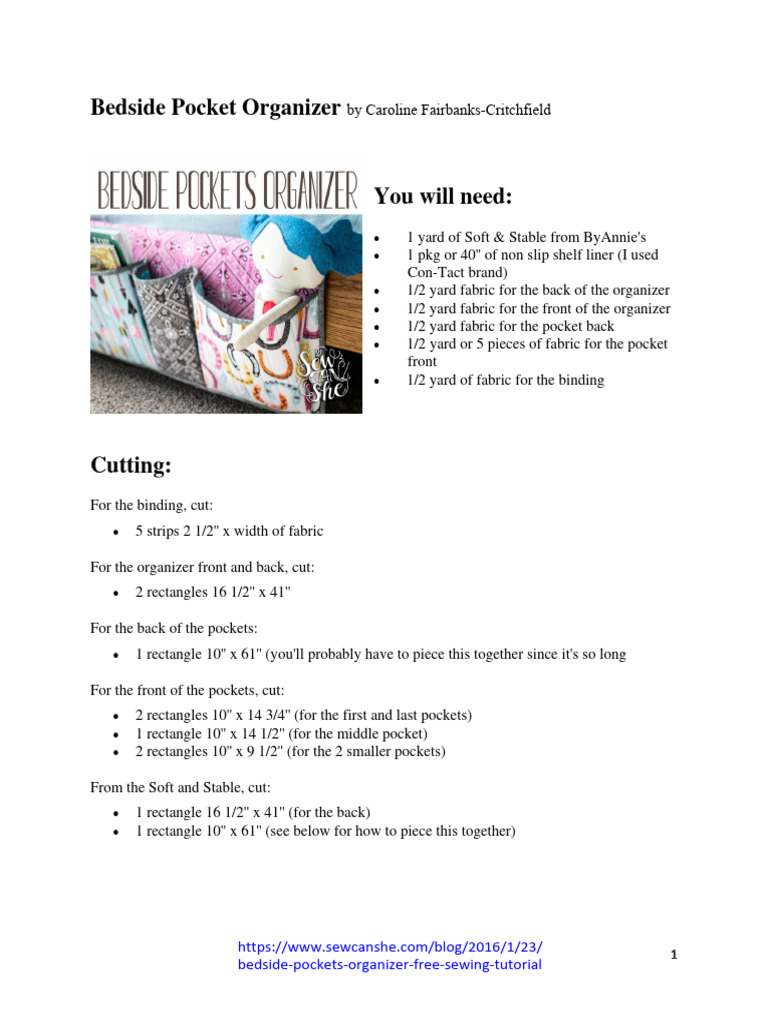 DIY Bedside Pocket Organizer Tutorial | PDF | Seam (Sewing) | Sewing