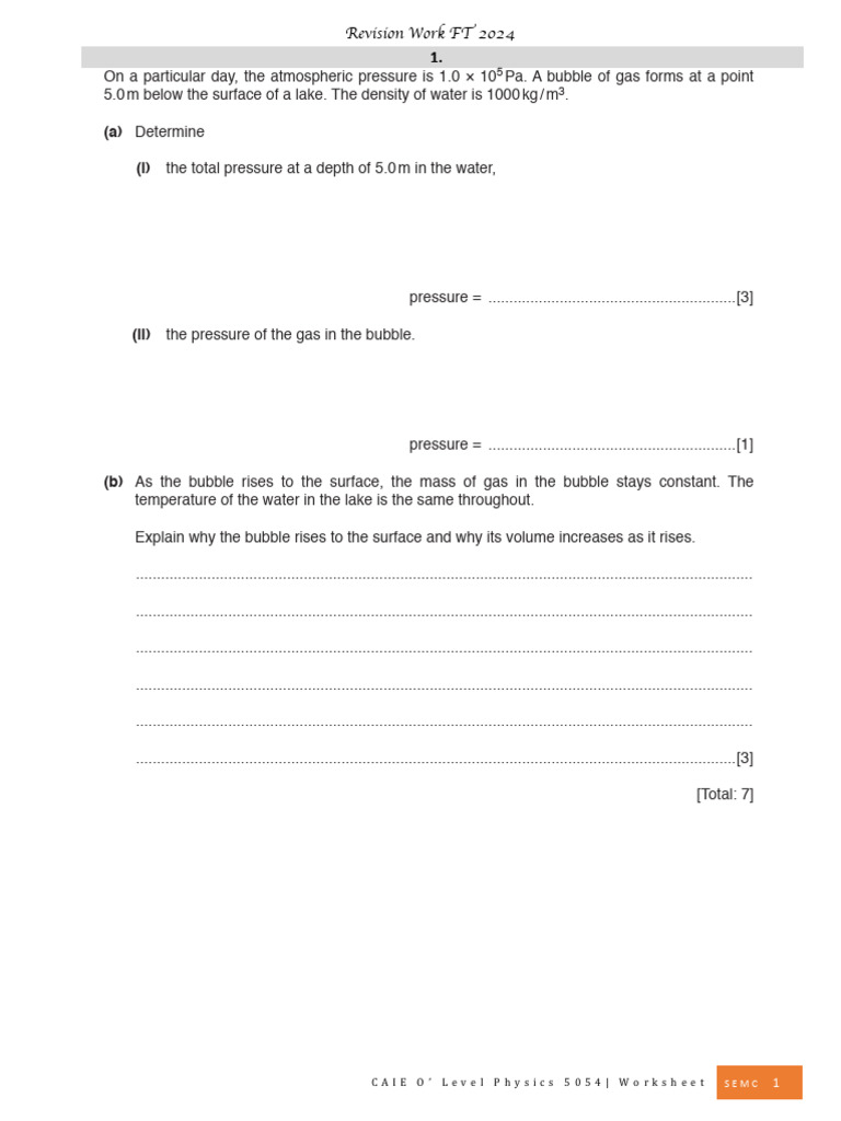 CAIE O Level Physics Revision Worksheet | PDF | Pressure | Water