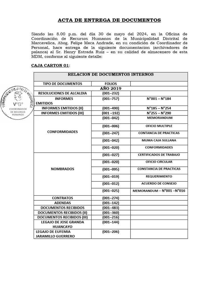 Acta de Entrega de Documentos MDM | PDF