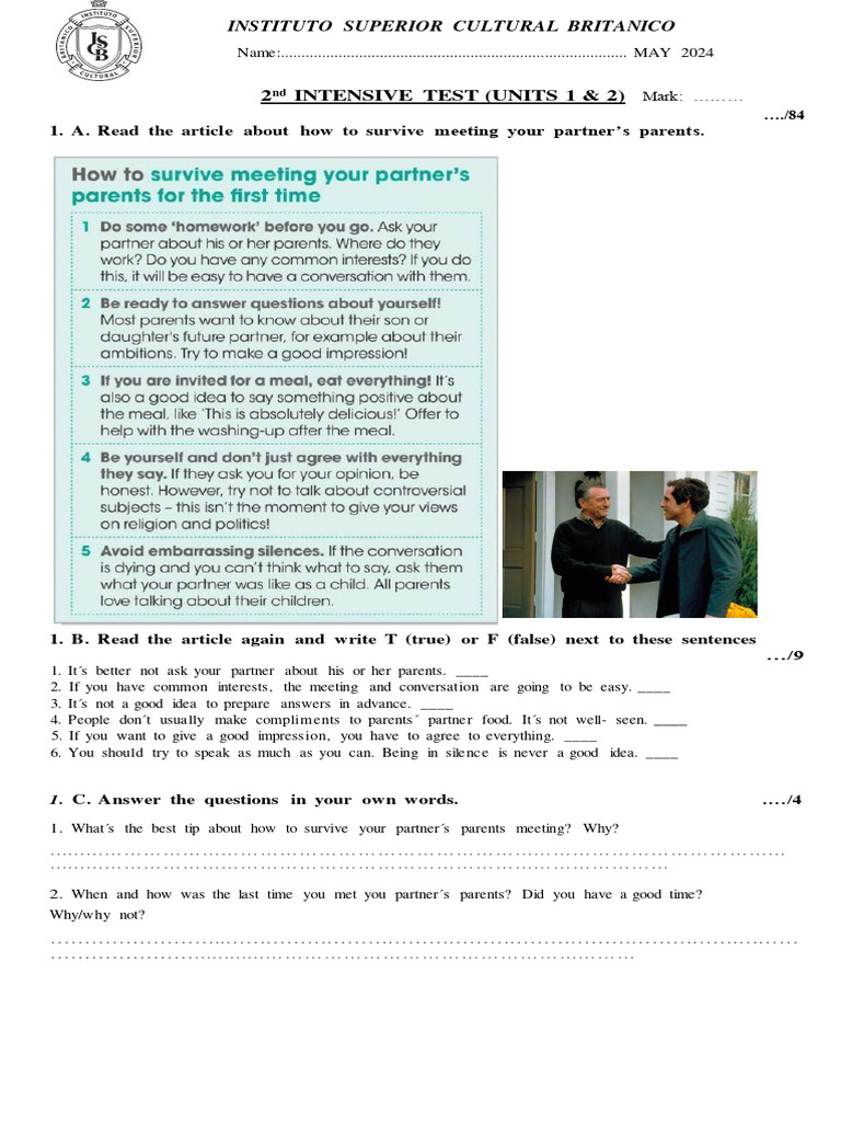 2nd Intensive Test (Units 1 & 2) | PDF | Foreign Language Studies ...