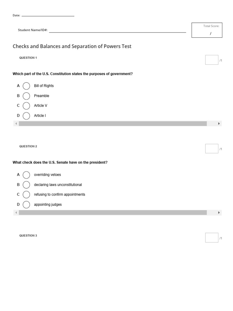 Separation of Powers and Checks and Balances Test | PDF | Separation Of ...
