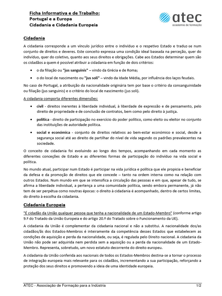 Ficha Informativa e de Trabalho - Cidadania e Cidadania Europeia | PDF ...