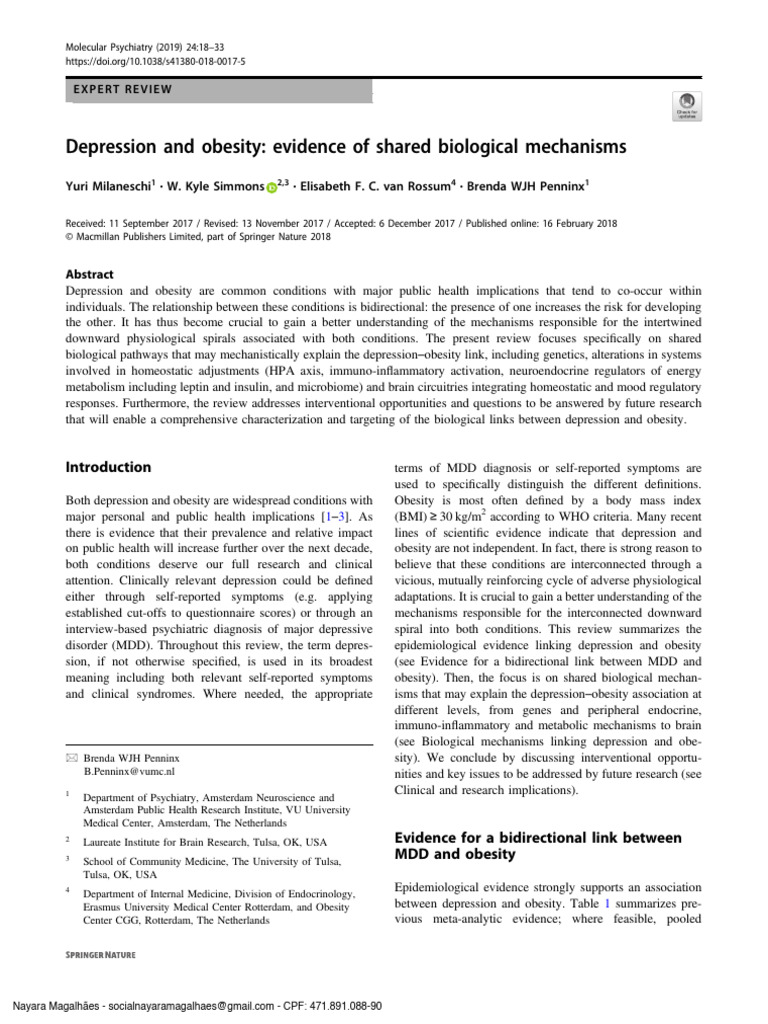 Depression and Obesity - Evidence of Shared Biological Mechanisms | PDF ...
