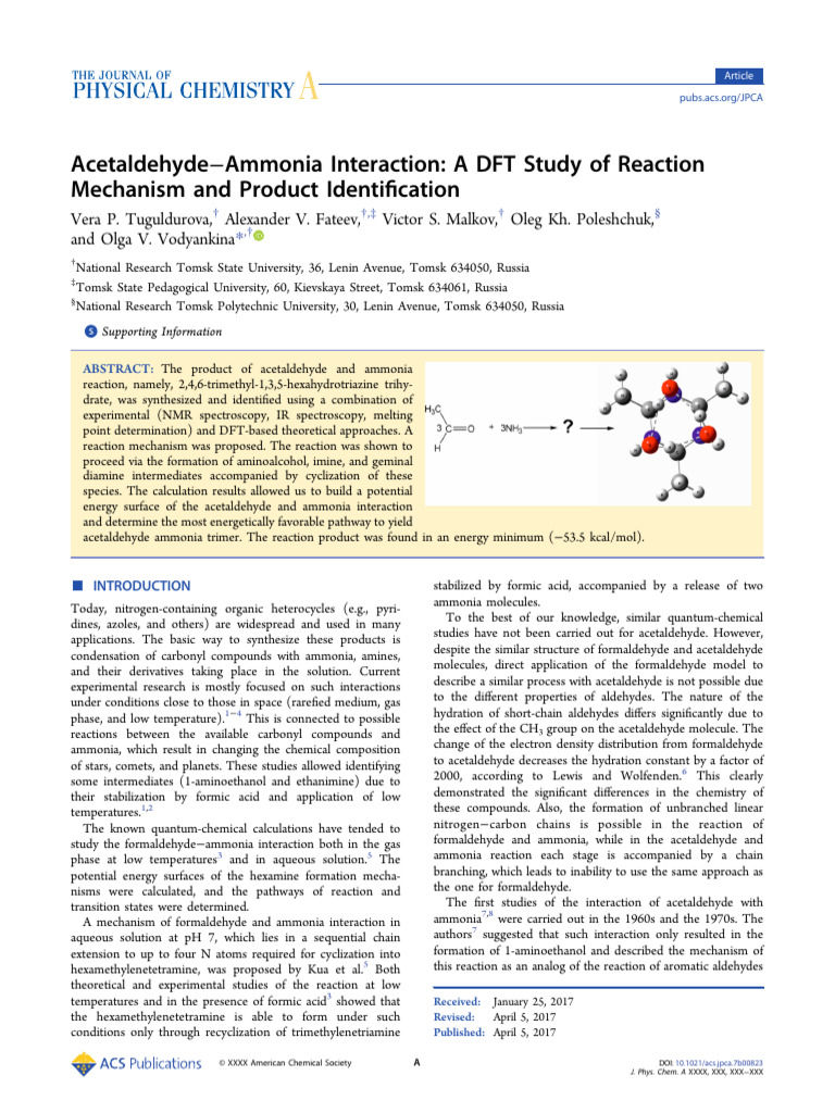Acetaldehyde-Ammonia Reaction Mechanism Study | PDF | Amine | Chemical ...