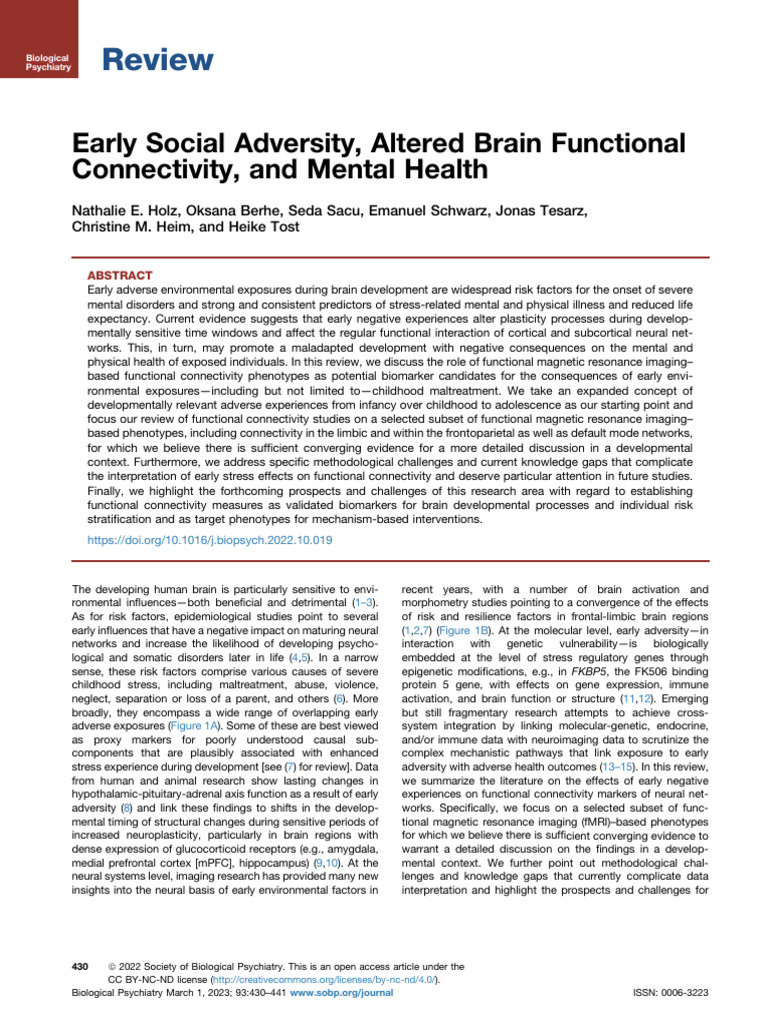 Early Social Adversity, Altered Brain Functional | PDF | Stress (Biology) | Amygdala