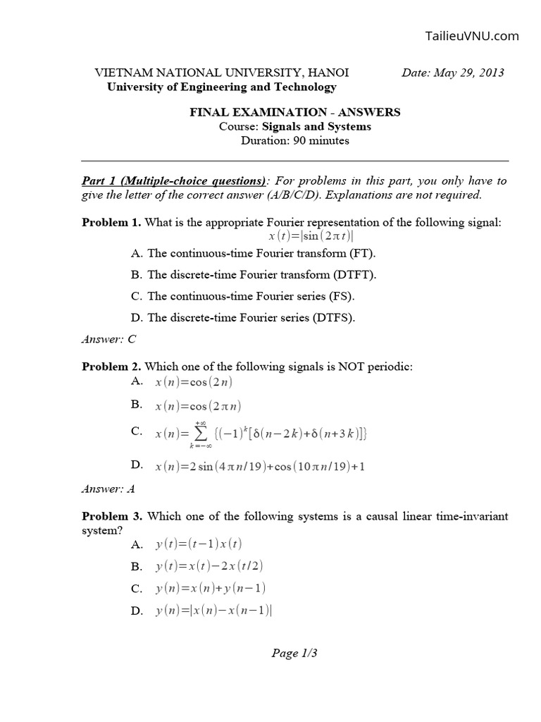 Signals and Systems Exam Answers | PDF | Signal Processing | Functions ...