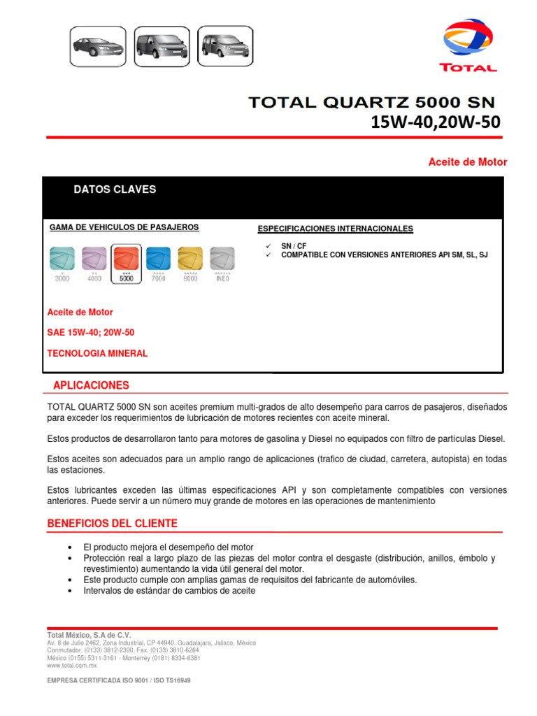8MR Quartz 5000 SN 20W50 | PDF | Aceite de motor | Lubricante