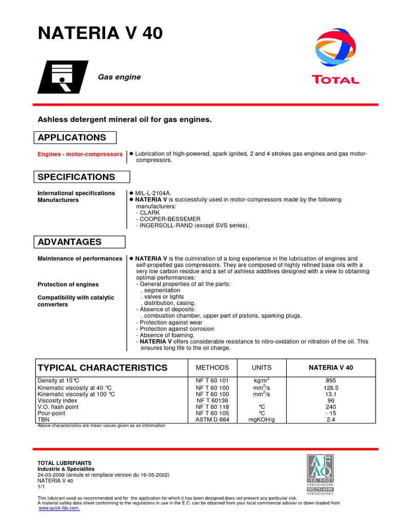 NATERIA V 40 Gas Engine Lubricant Guide | PDF | Engines | Lubricant