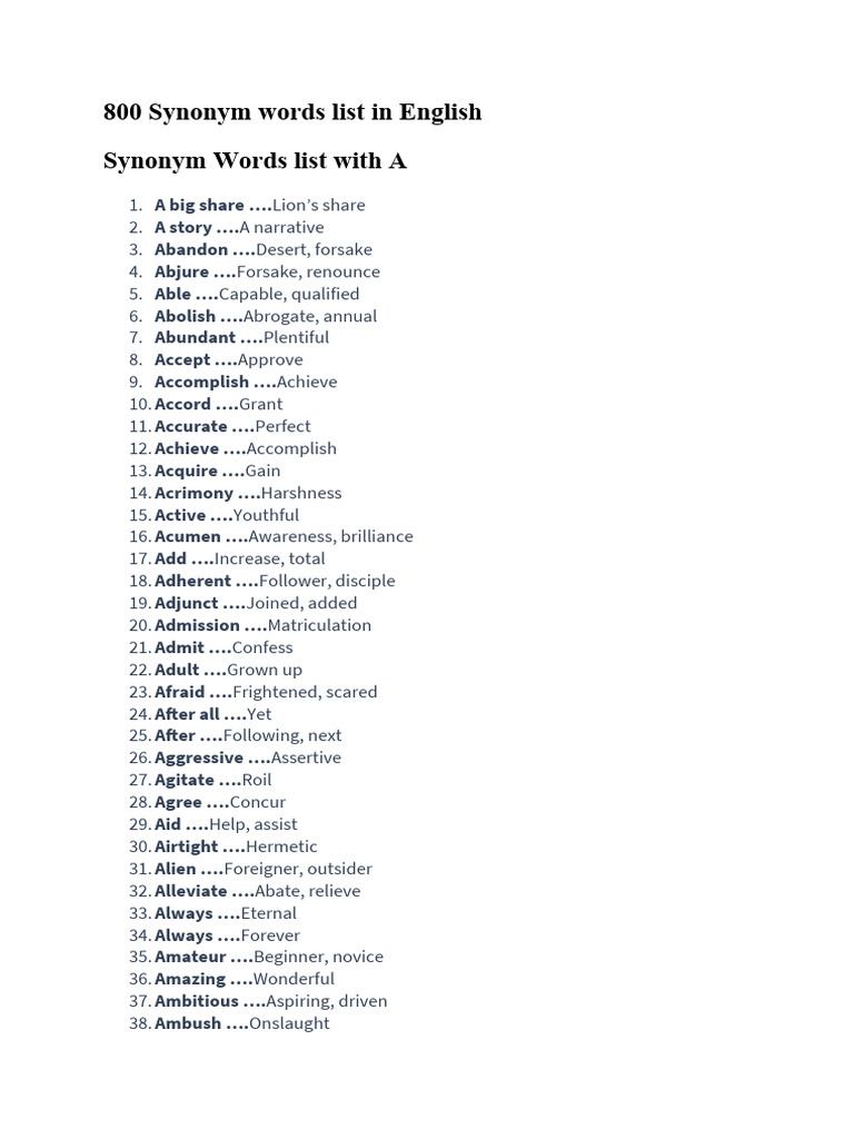 800 Synonym Words List in English | PDF 800 Synonym Words List in English | PDF