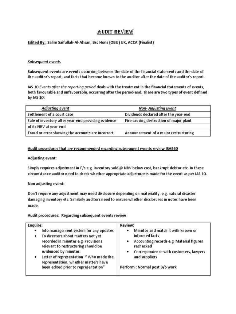 Audit Procedures for Reviewing Subsequent Events and Assessing Going ...