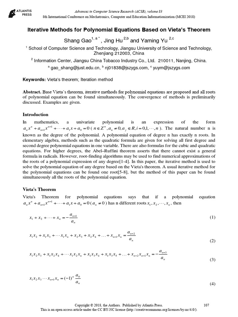 Iterative Methods For Polynomial Equations Based On Vieta's Theorem | PDF | Polynomial ...