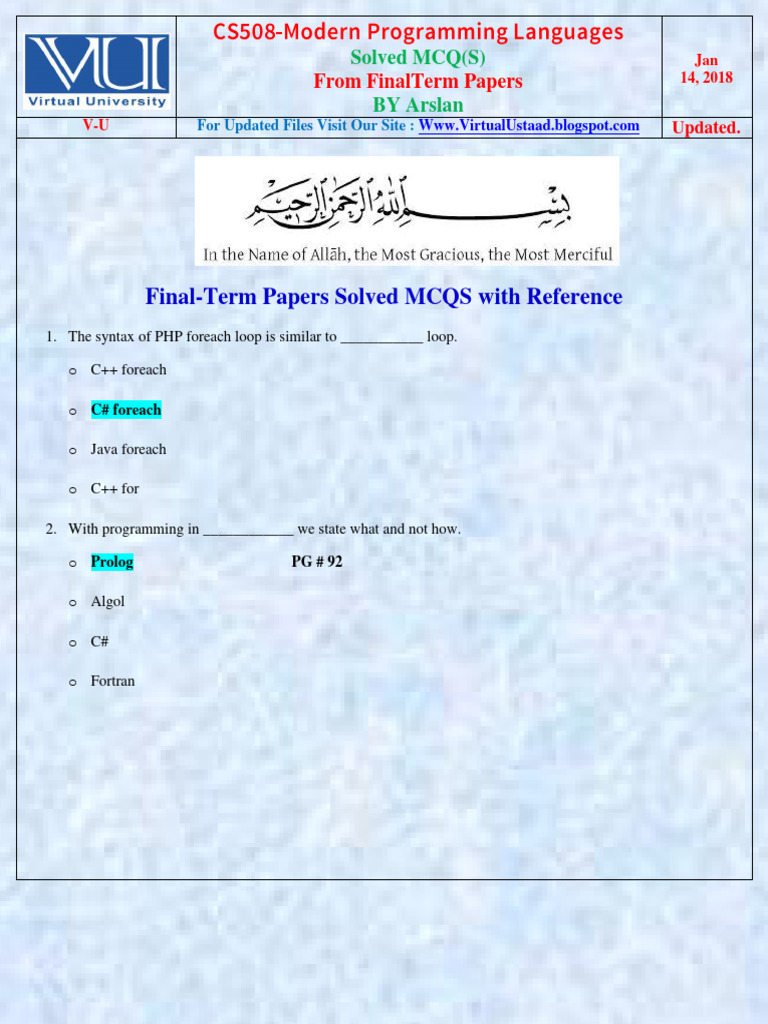 CS508 FinalTerm MCQsbyArsalan | PDF | C++ | C Sharp (Programming Language)