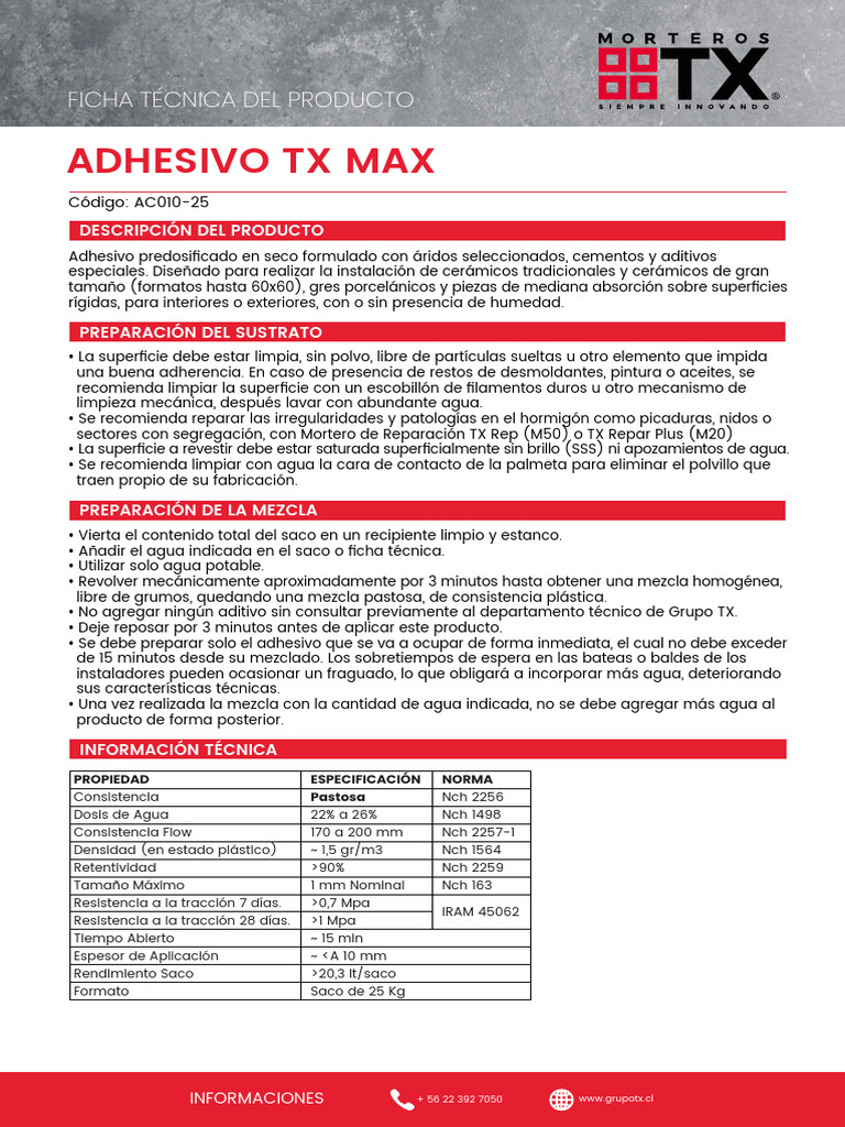 FT - Ac001-25 - Adhesivo TX Max | PDF | Hormigón | Sector secundario de la economía