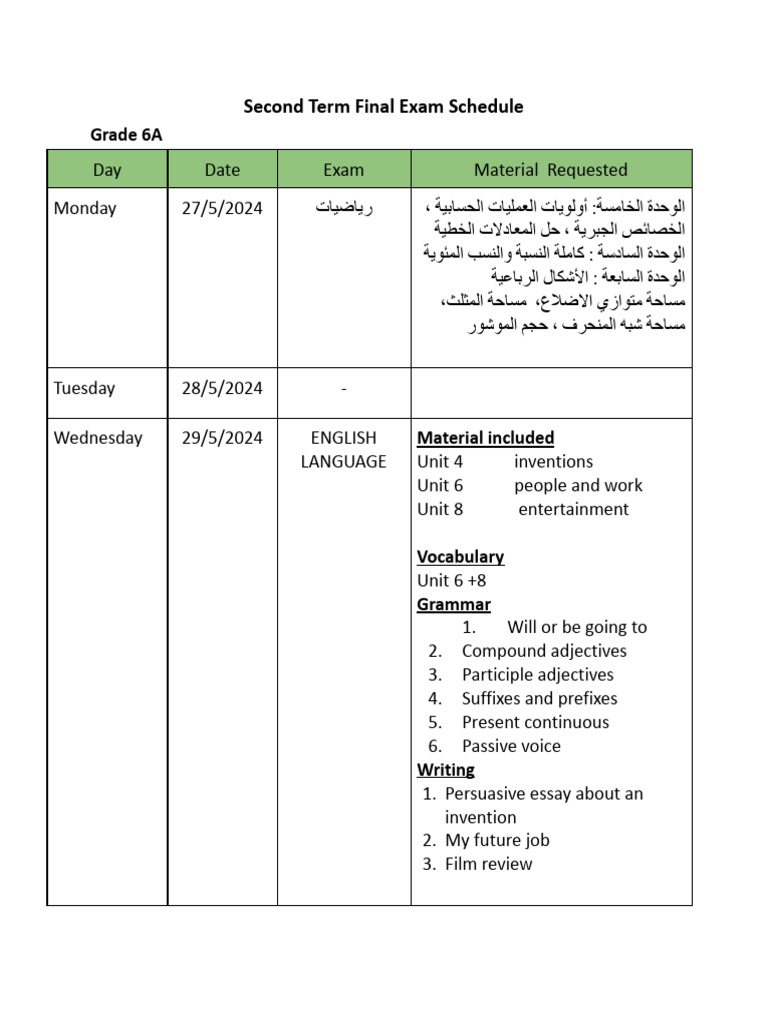 Second Term Final Exam Schedule: Grade 6A | PDF