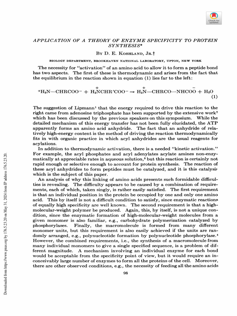 Koshland 1958 Application of A Theory of Enzyme Specificity To Protein Synthesis | Download Free ...