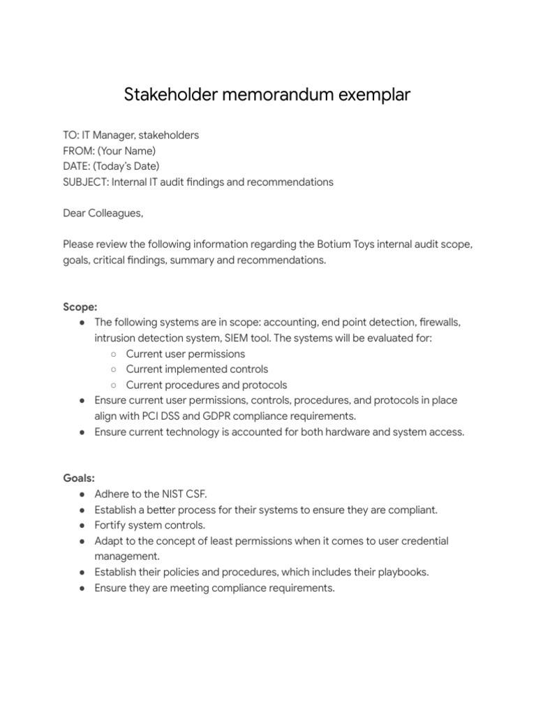 Stakeholder Memorandum Exemplar | PDF | Security Engineering | Computer ...