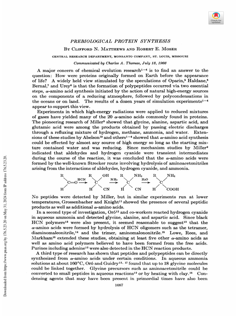 Matthews Moser 1966 Prebiological Protein Synthesis | PDF | Amino Acid ...