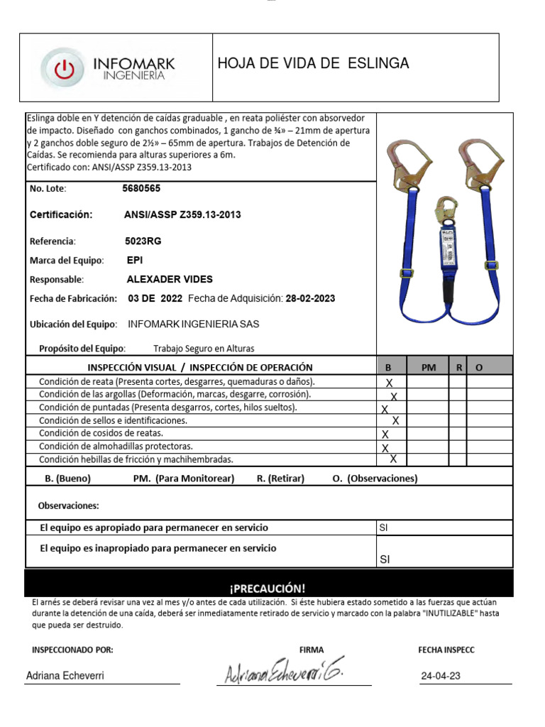 Hoja de Vida de Eslinga Certificacion Ficha Tecnica No01 | PDF | Materiales