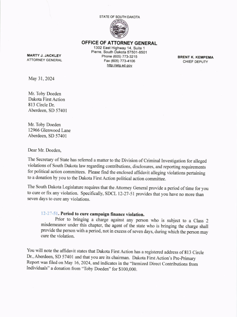 SD AG Letter Regarding Alleged Violations of SD Law and Political ...