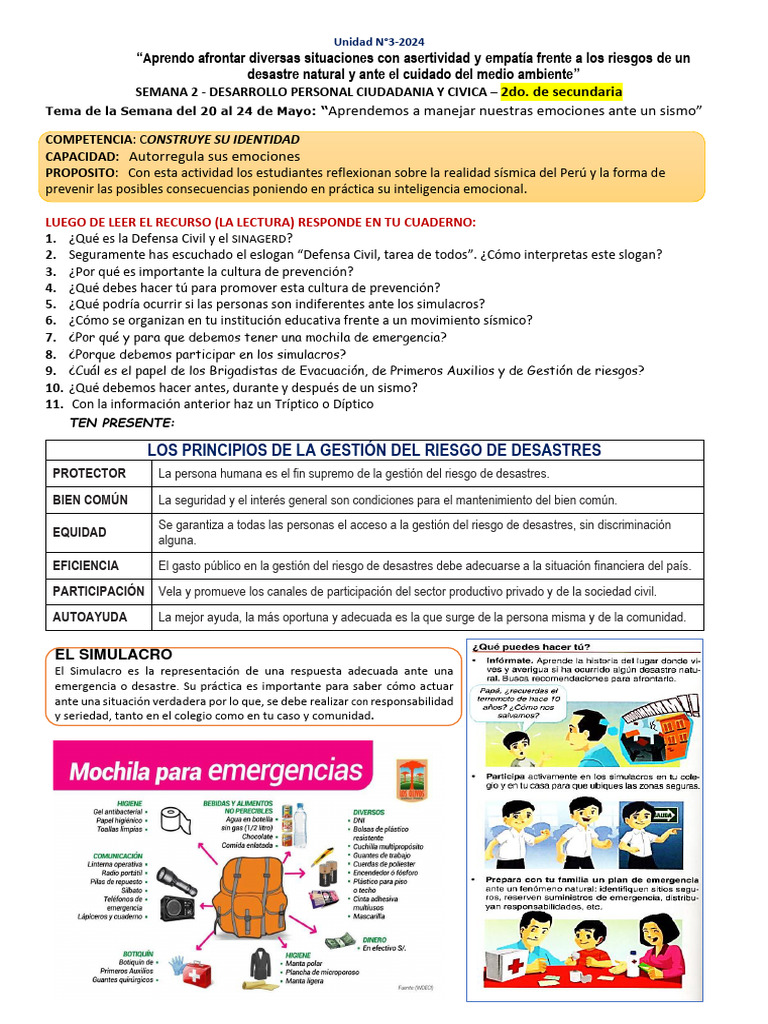 Ficha Sem 2-Unid 3 - 2do - DPCC-2023 | PDF | Defensa Civil | Las emociones