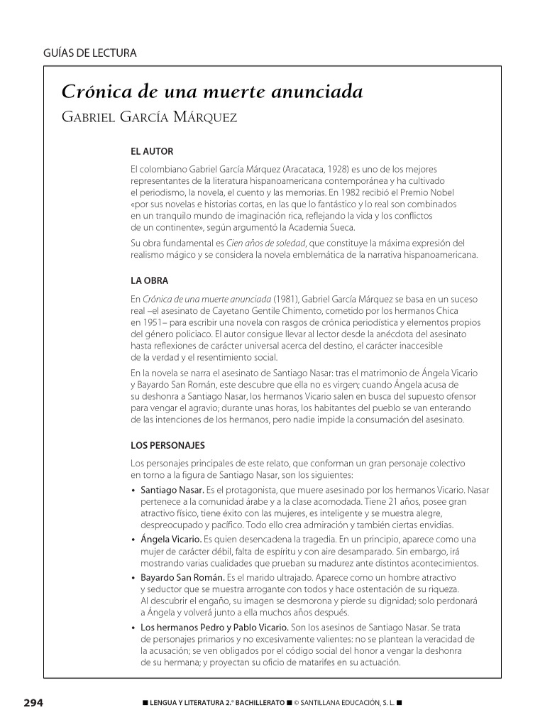 Guía Cronica de Una Muerte Anunciada Guía de Santillana | PDF | Gabriel ...