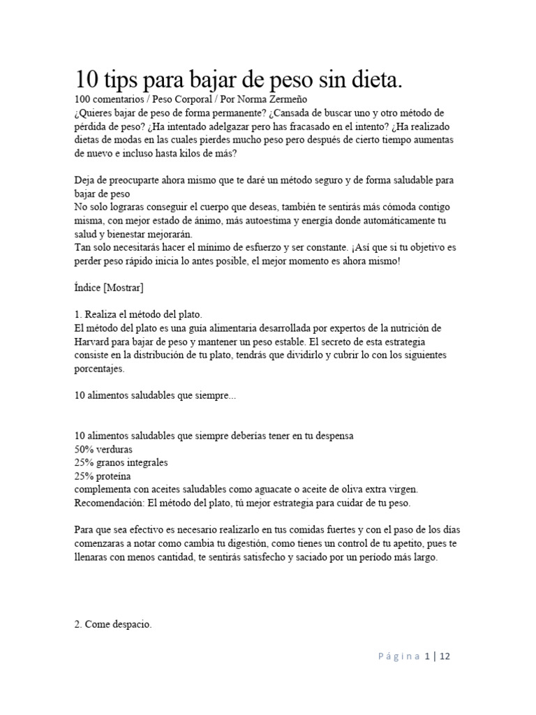 10 Tips para Bajar de Peso Sin Dieta | Descargar gratis PDF | Alimentos | Dieta