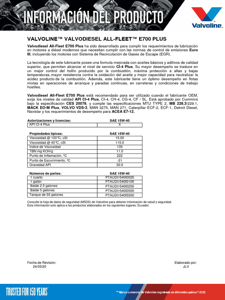 Valvoline ValvoDiesel All Fleet E700 Plus SAE 15W-40 CI-4 Plus | PDF | Lubricante