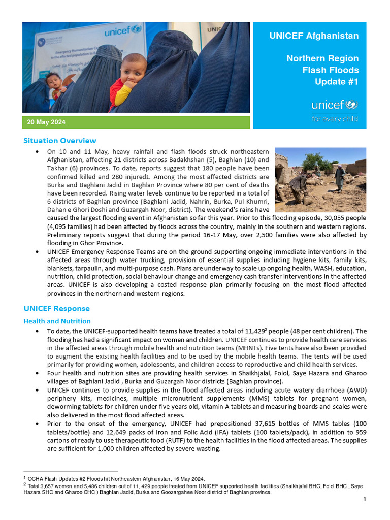 UNICEF Afghanistan Humanitarian Situation Update No. 1 (Northern Region ...
