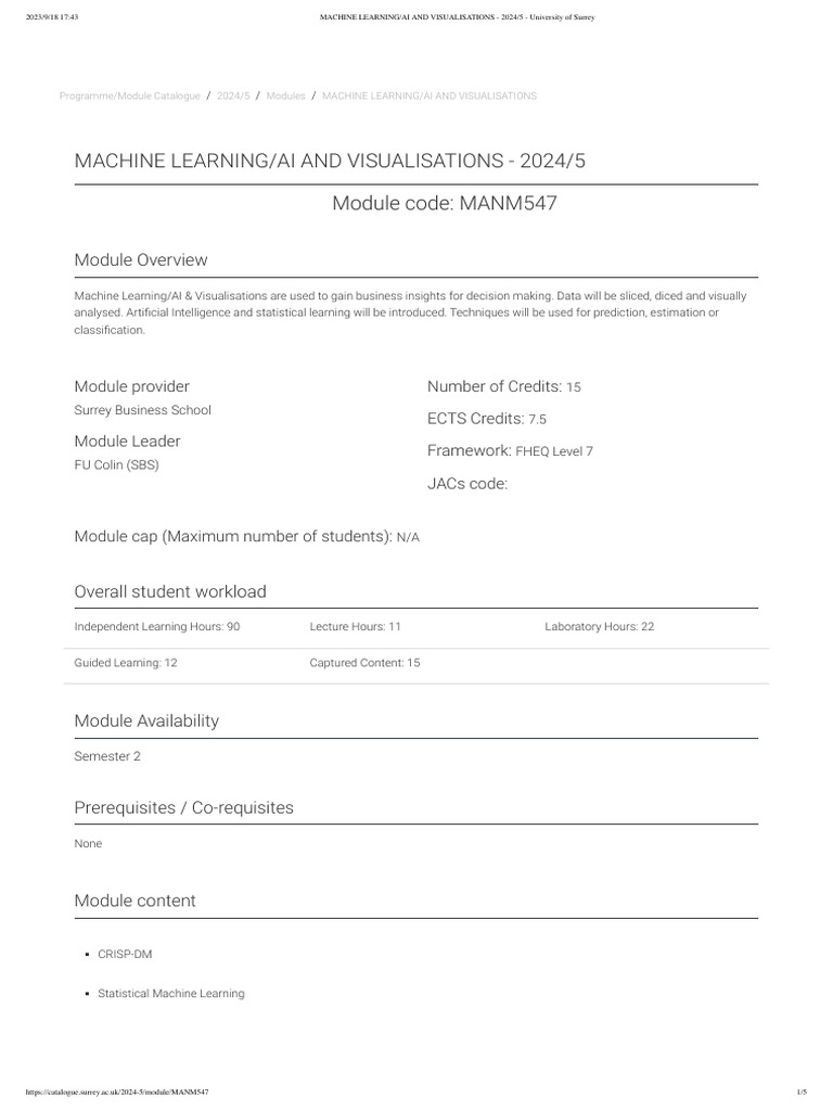 MACHINE LEARNING - AI AND VISUALISATIONS - 2024 - 5 - University of Surrey | PDF | Machine ...