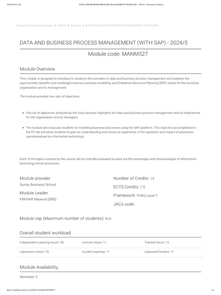 OM S2-DATA AND BUSINESS PROCESS MANAGEMENT (WITH SAP) - 2024 - 5 - University of Surrey | PDF ...