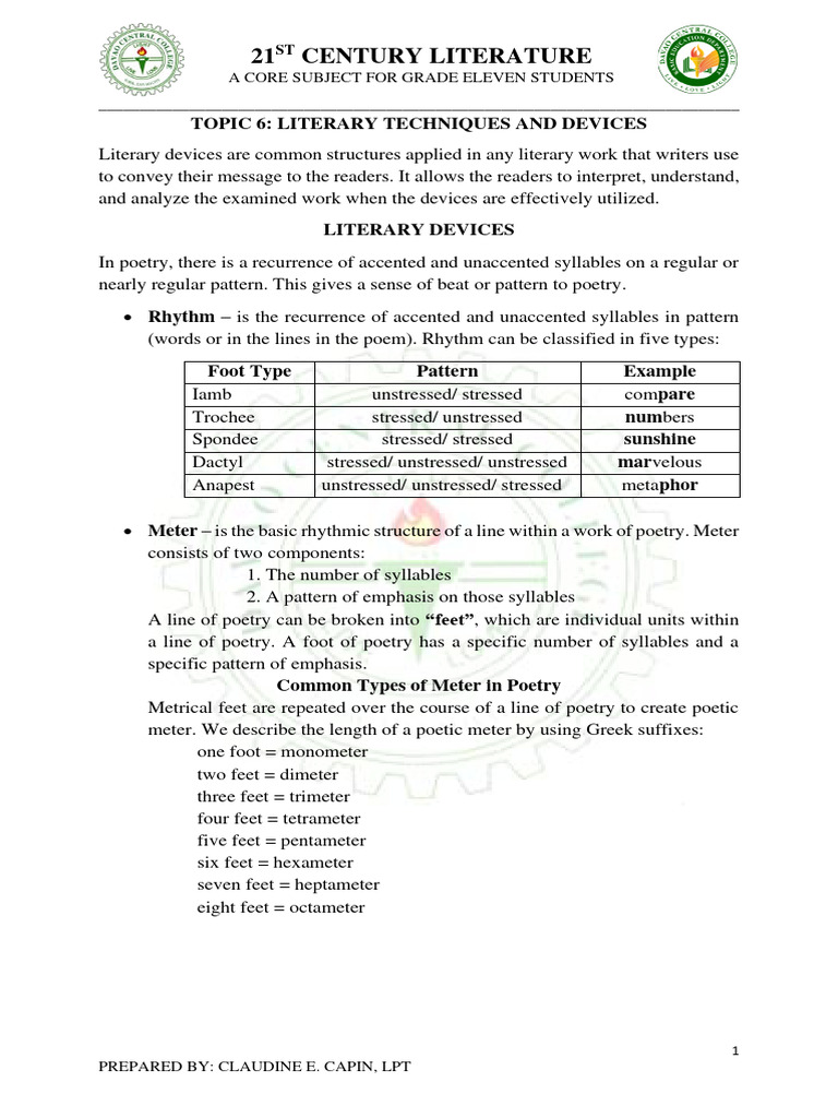 Topic 6 Literary Techniques and Devices | PDF | Metre (Poetry) | Poetry