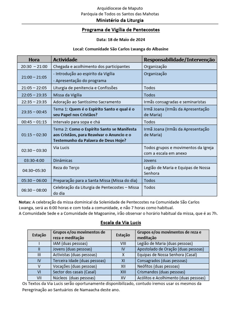 Programa Da Vigilia de Pentecostes Actualizado1 | PDF | Oração | Liturgia