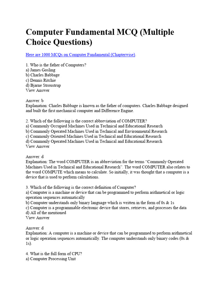 Computer Fundamental MCQ (Multiple Choice Questions) | PDF | Bit | Image Scanner