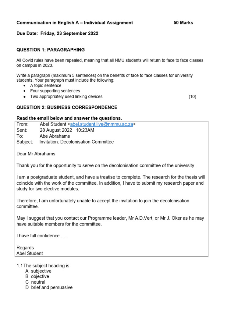 English Communication Assignment Guide | PDF | Question | Human ...