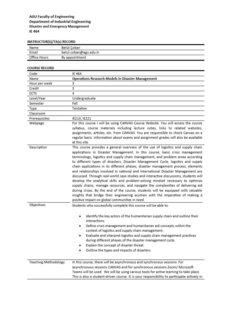 IE464 2023-2024 Spring Syllabus | PDF | Emergency Management | Plagiarism