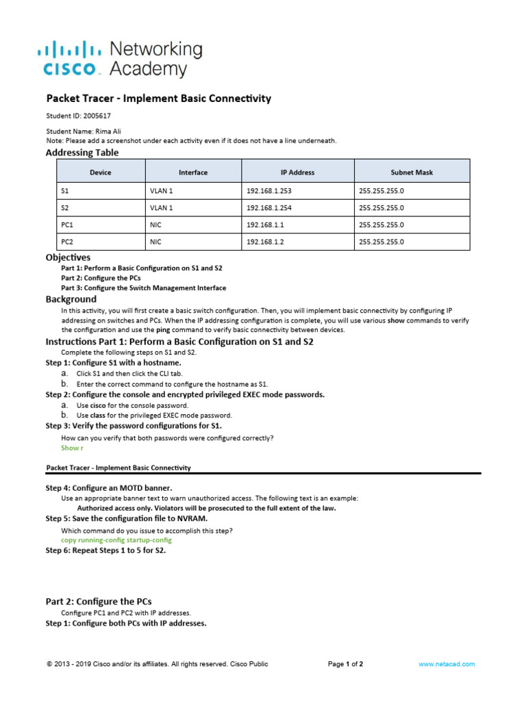 276 Packet Tracer Implement Basic Connectivity Pdf Ip Address Internet Protocols 