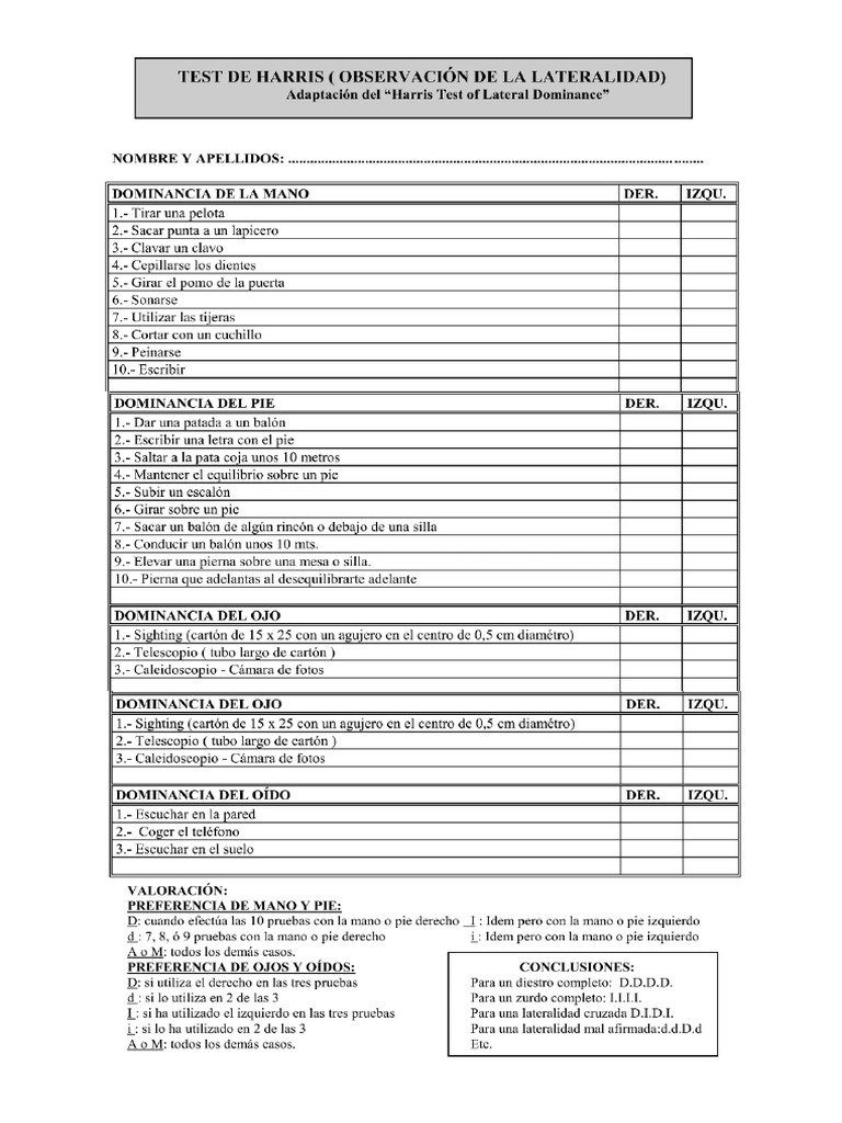 Test de Harris (Lateralidad) | PDF