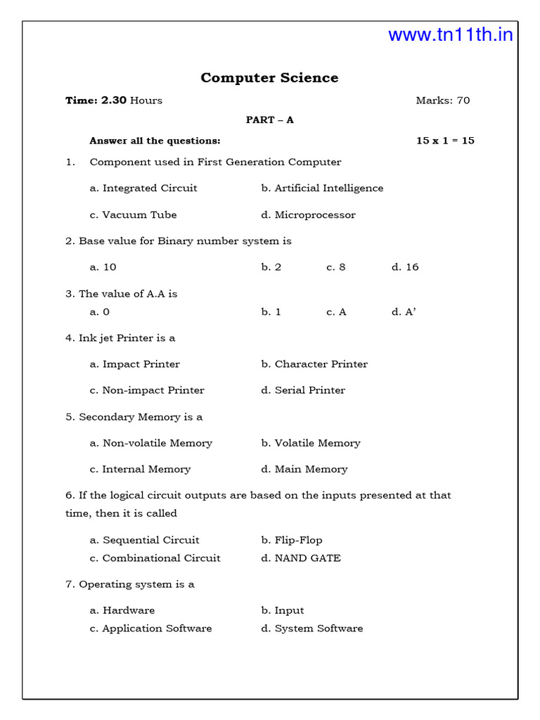 Computer Science English 11th Official Model Question Paper WWW tn11th in | PDF | Computer ...