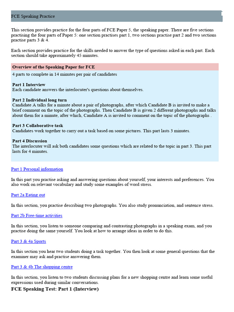 FCE Speaking Structure, Tips, Vocabulary & Samples | PDF | Question