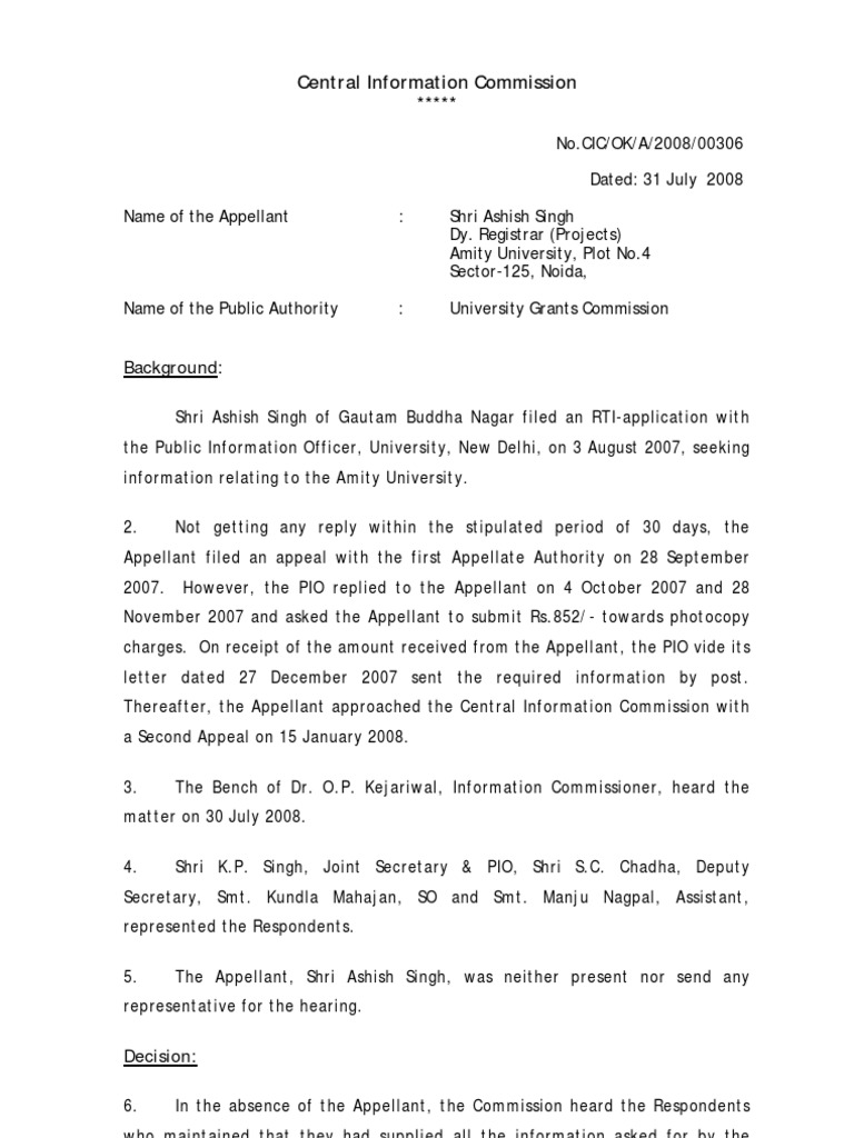 University Grants Commission RTI Application With The Public ...
